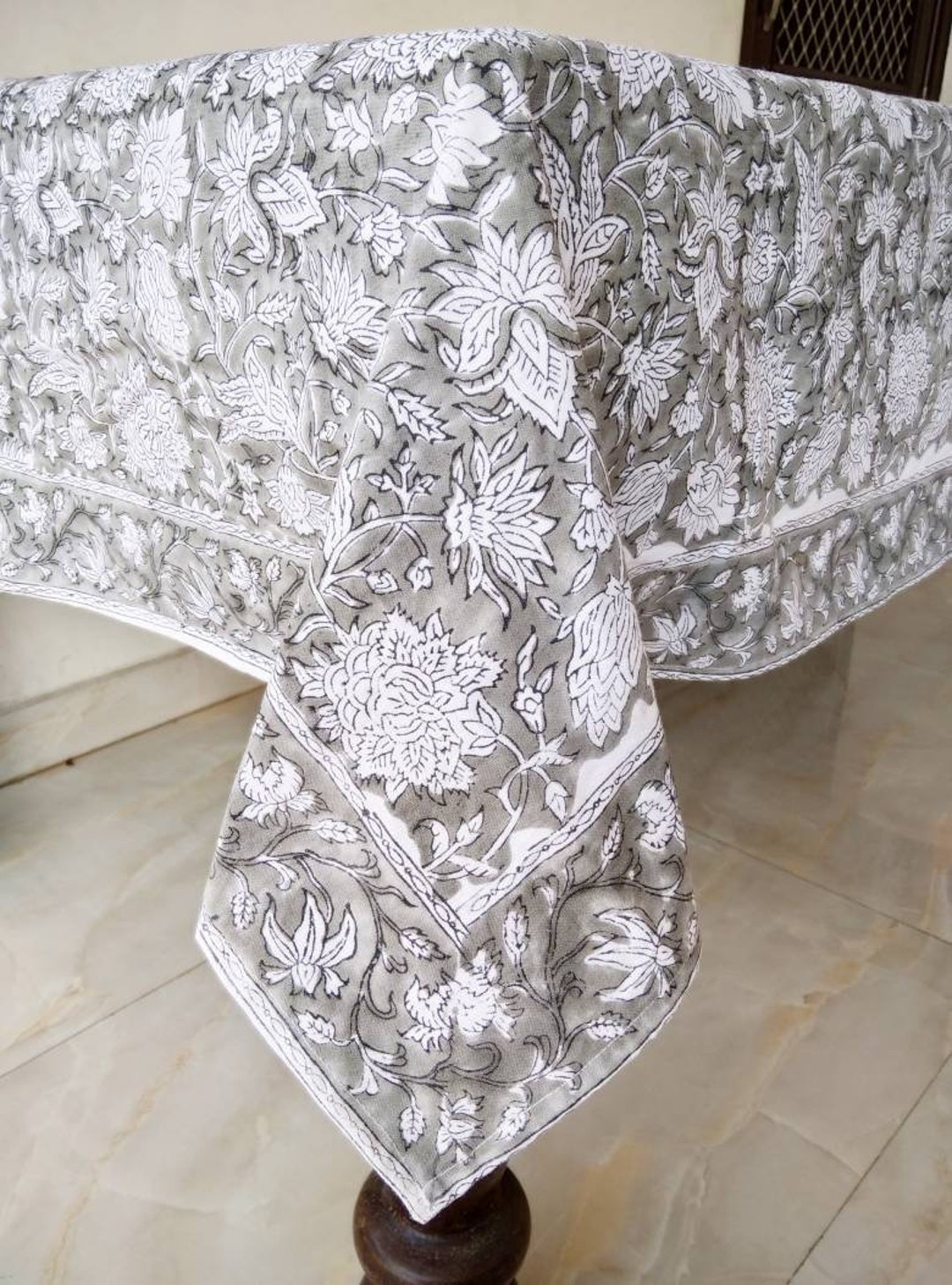 Grey Block Print Table Cloth, Floral Design Tablecloth, Handmade Table ...