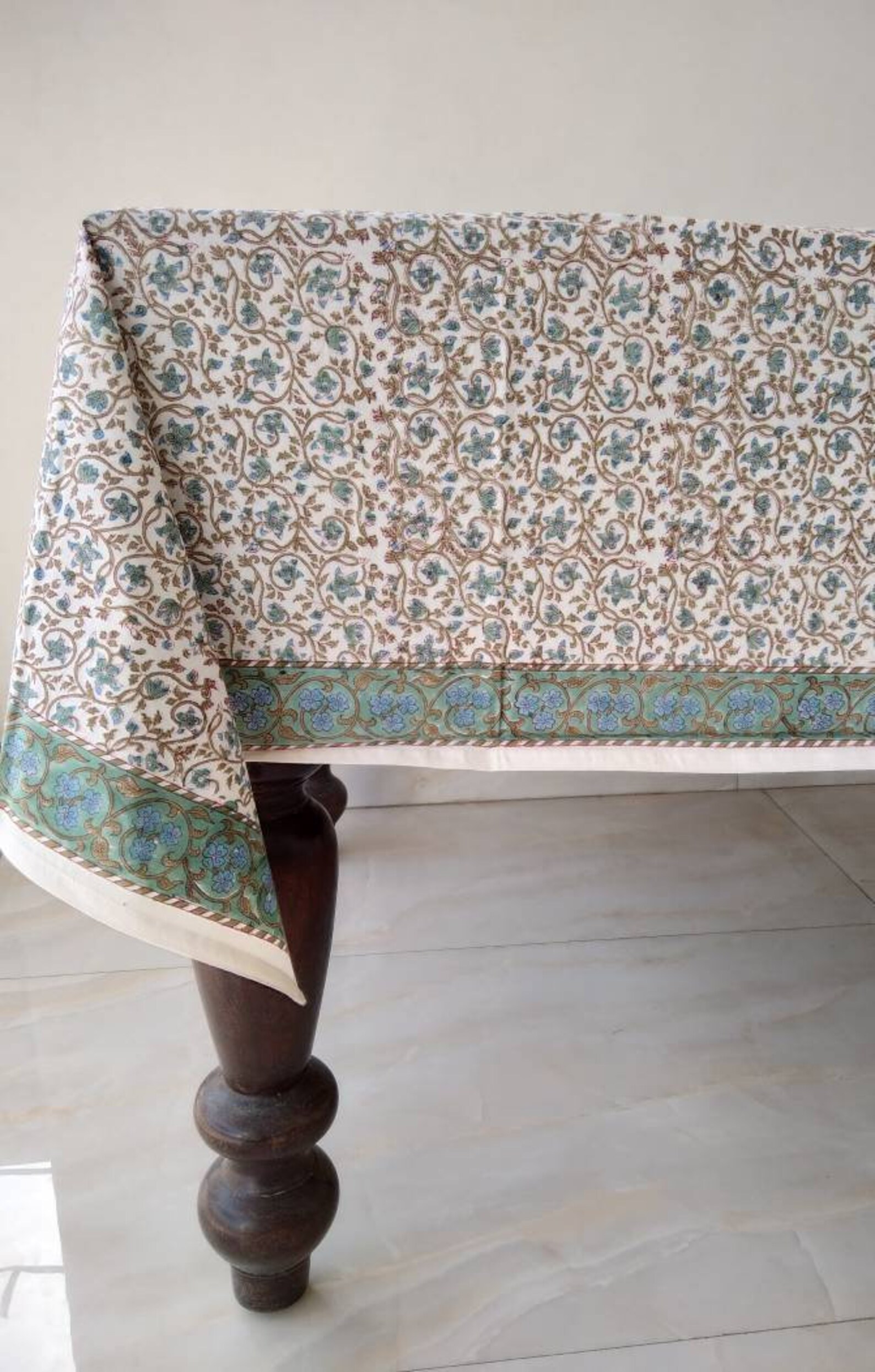 Blue And Green Block Print Tablecloth Homestead Tablecloth | Etsy