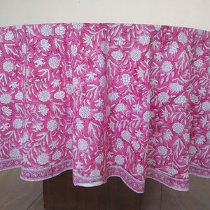 Pink Floral Design Round Tablecloth, Block Print Round Table Cloth ...