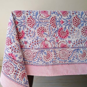 Pink Block Print Tablecloth, Floral Design Table Cloth, Cotton Table ...