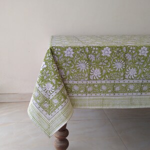 Sage Green Floral Tablecloth, Block Print Cotton Table Cover, Handmade ...