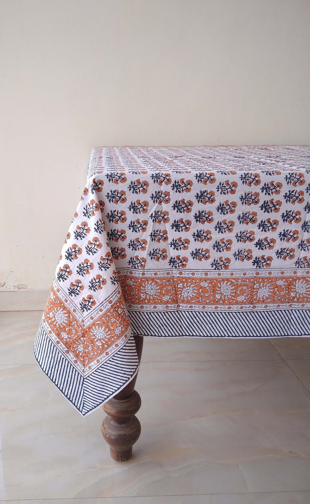 Blue and Apricot Table Cloth, Block Print Table Cover, Indian Table ...