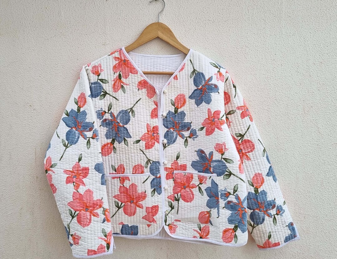 Pink and Blue Floral Jacket, Indian Hand Block Print Quilted Jacket ...