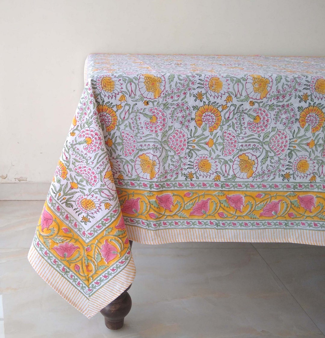 Indian Block Print Tablecloth, Floral Design Table Cover, Cotton Table ...