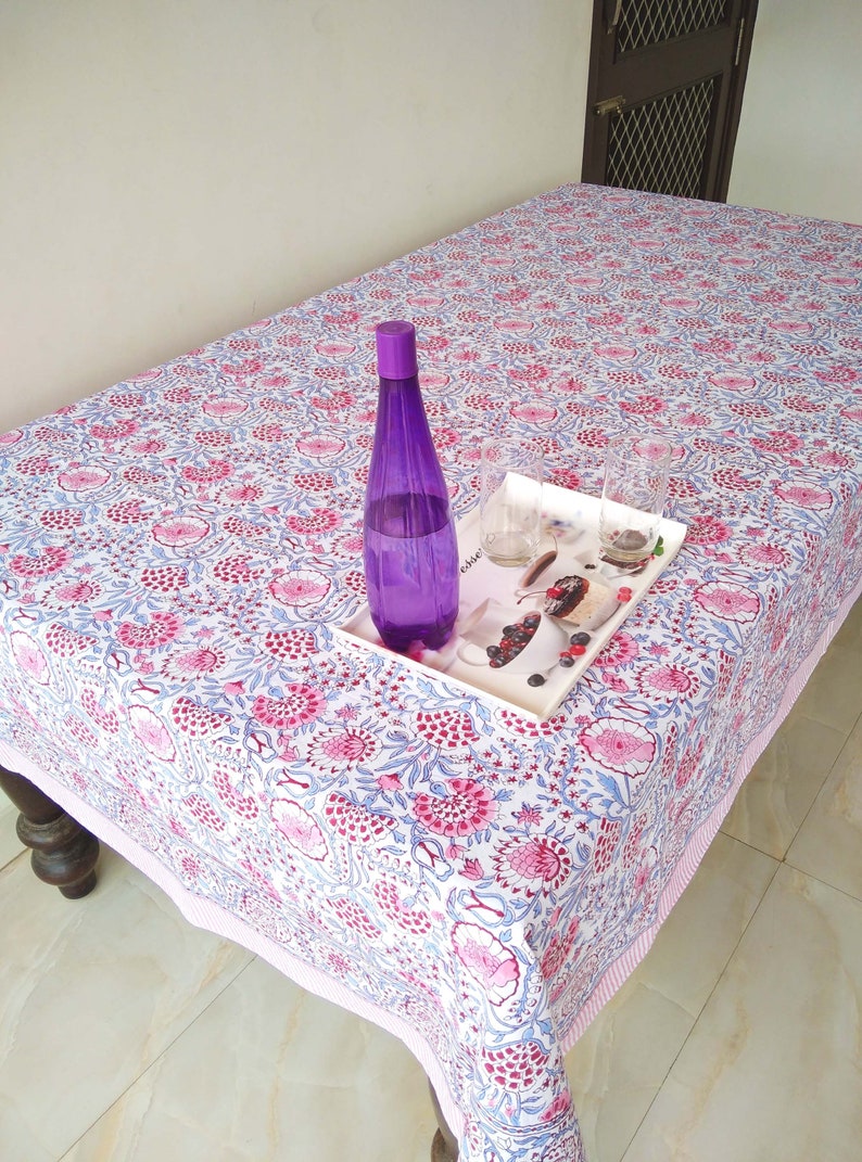 Pink Block Print Tablecloth, Floral Design Table Cloth, Cotton Table ...