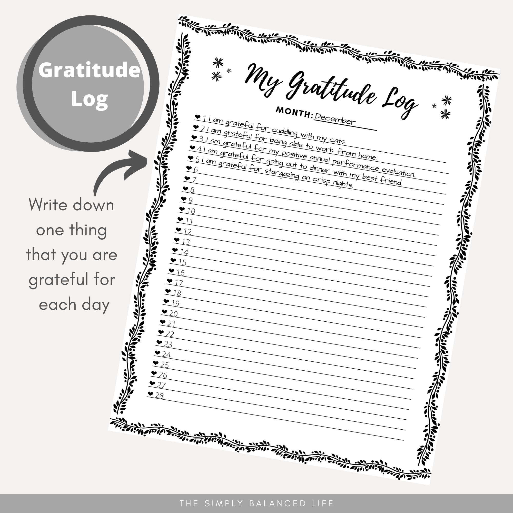 Gratitude Log Printable PDF 8.5 x 11 Instant | Etsy