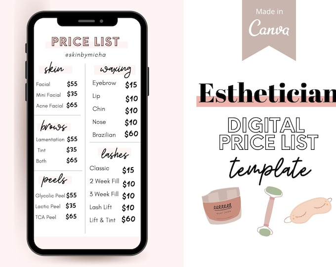 Esthetician Price List, Skincare Price List, Editable Price List ...