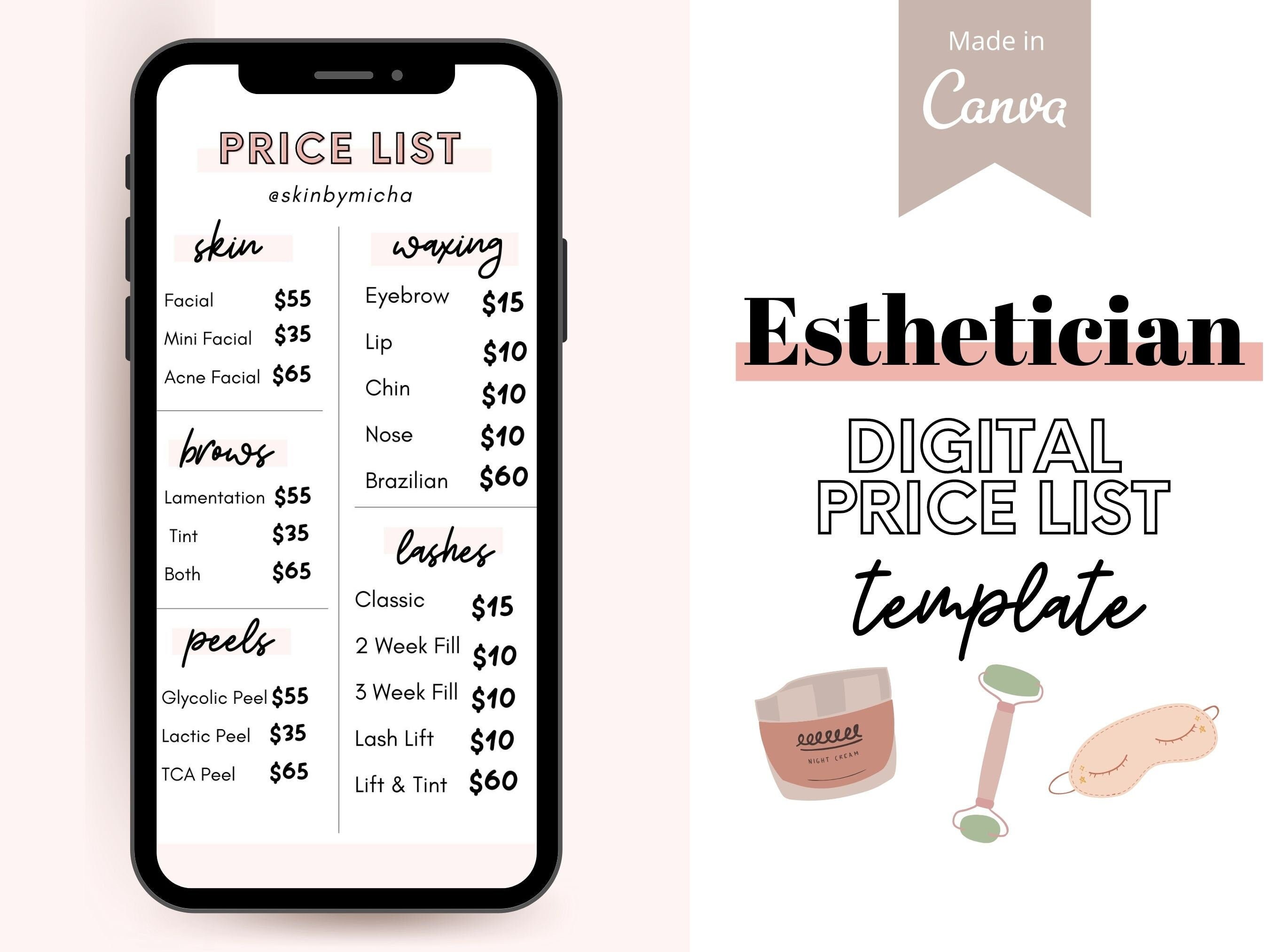 Esthetician Price List Skincare Price List Editable Price - Etsy