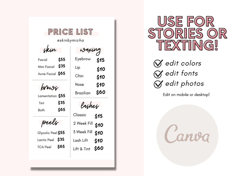 Esthetician Price List Skincare Price List Editable Price - Etsy