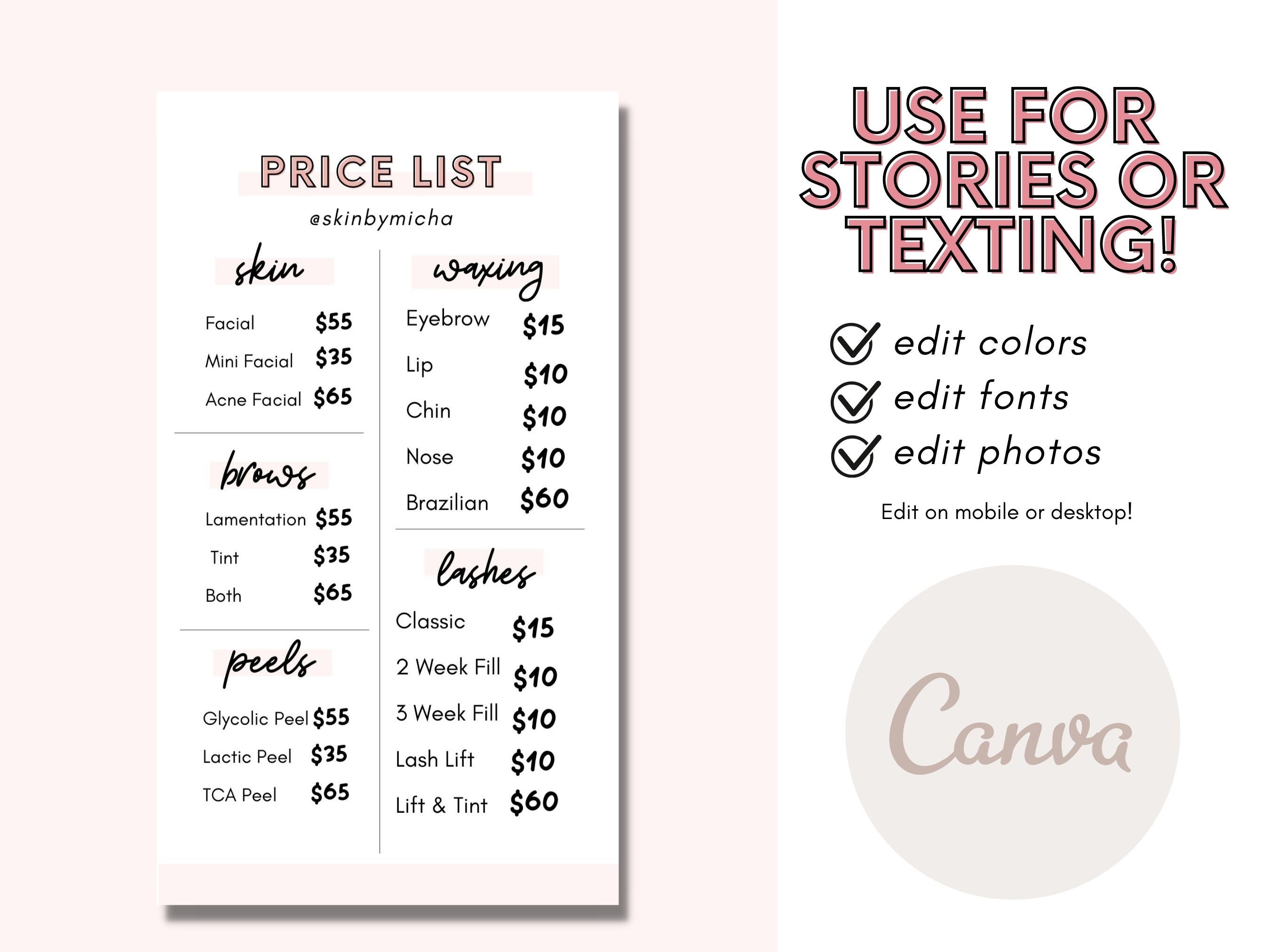Esthetician Price List Skincare Price List Editable Price - Etsy