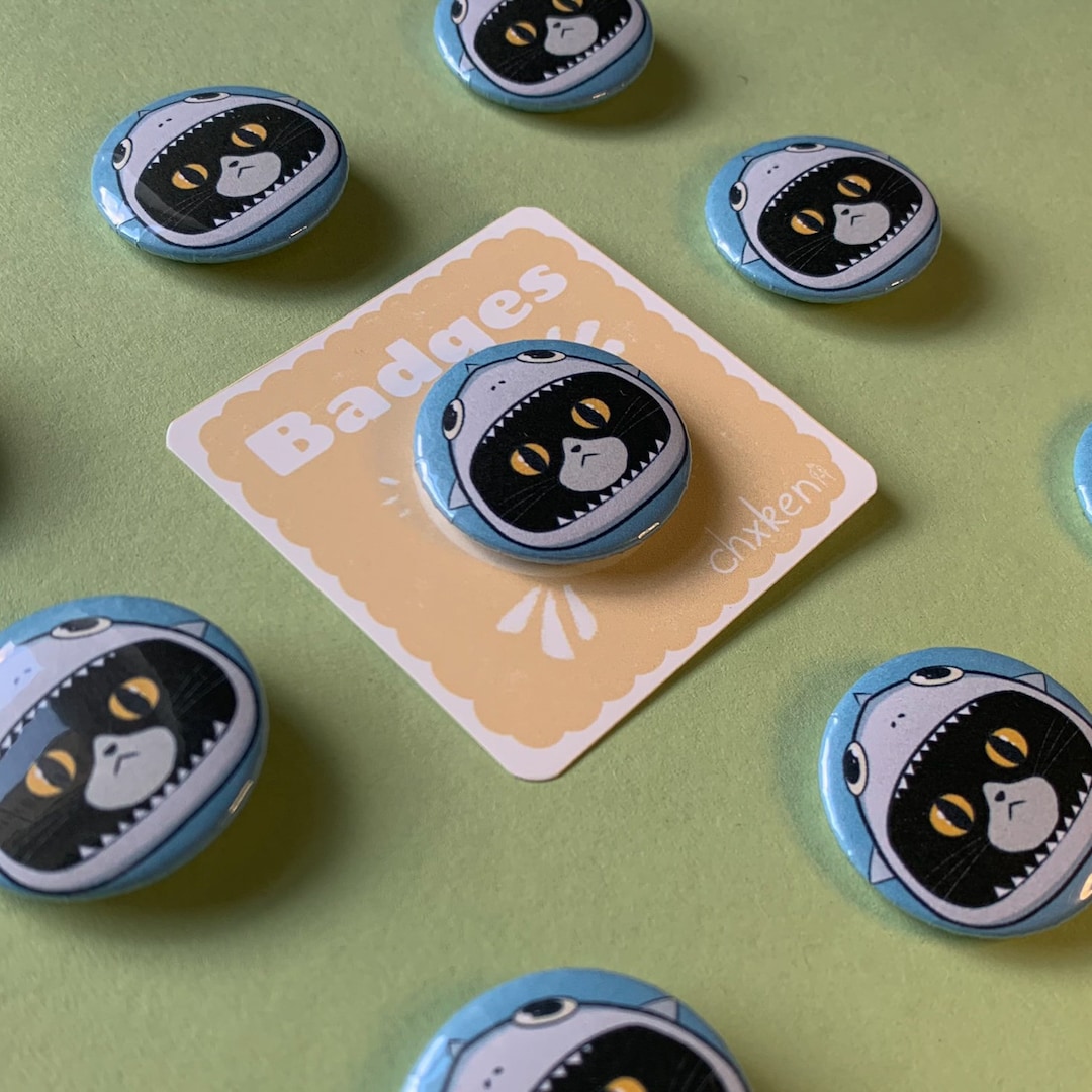Cat in Shark Hat // Marmite the Cat // Button Badge // Cats // Sharks ...