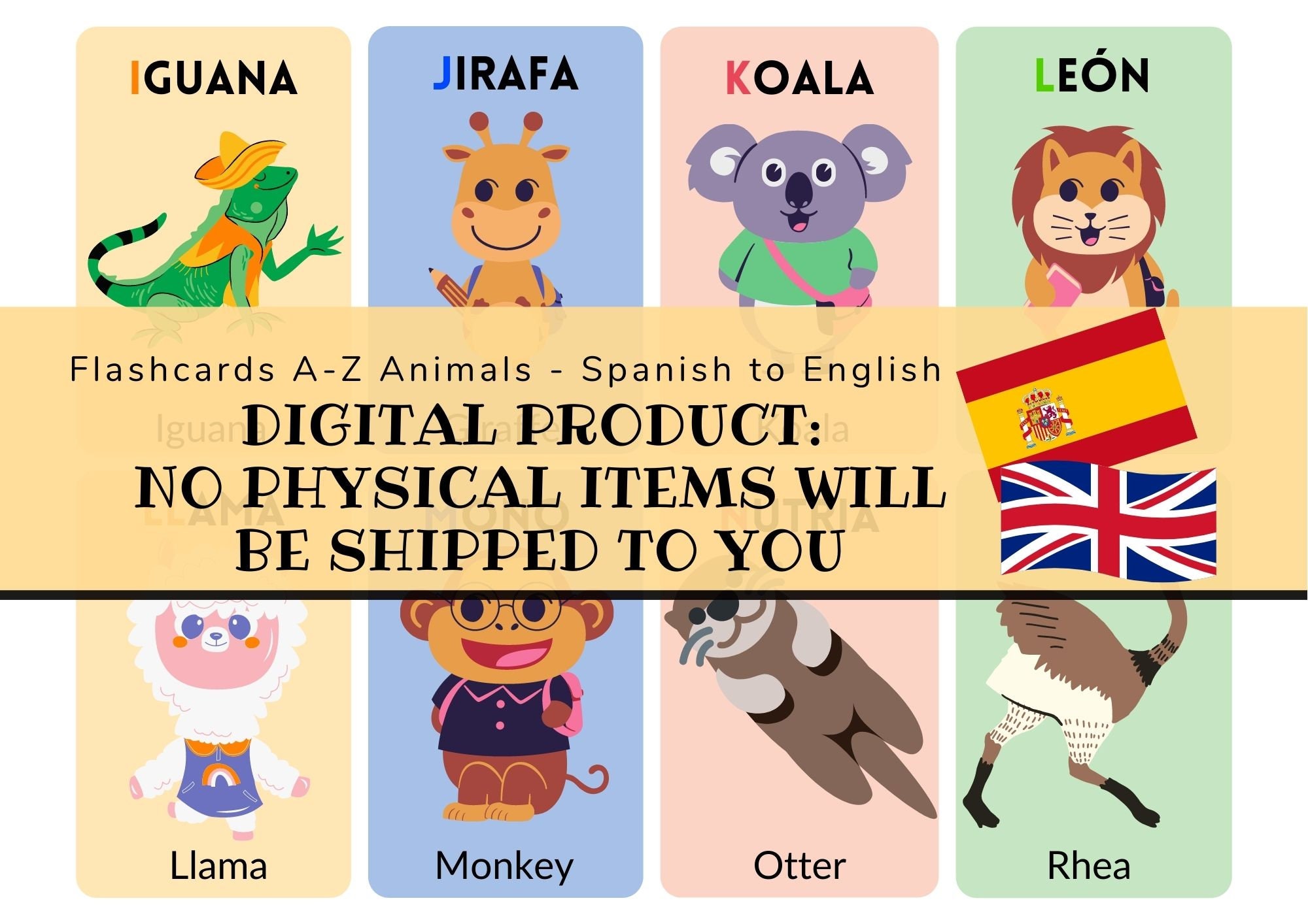 Animals Bilingual Digital Flashcards Spanish to English, Cute, for Kids ...
