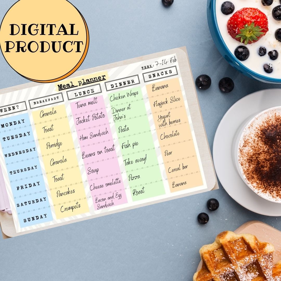 Colourful Digital Weekly Meal Planner and Grocery List, Weekly Menu ...