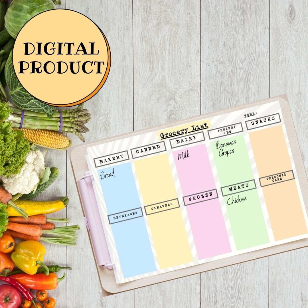 Colourful Digital Weekly Meal Planner and Grocery List, Weekly Menu ...