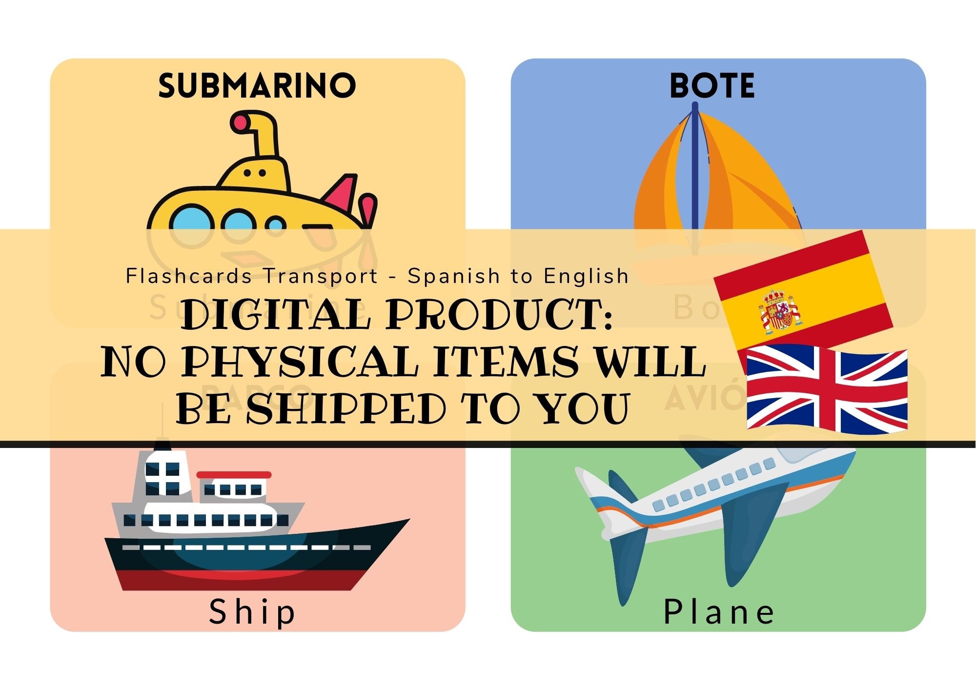 Transport Bilingual Digital Flashcards Spanish to English, Cute, for ...