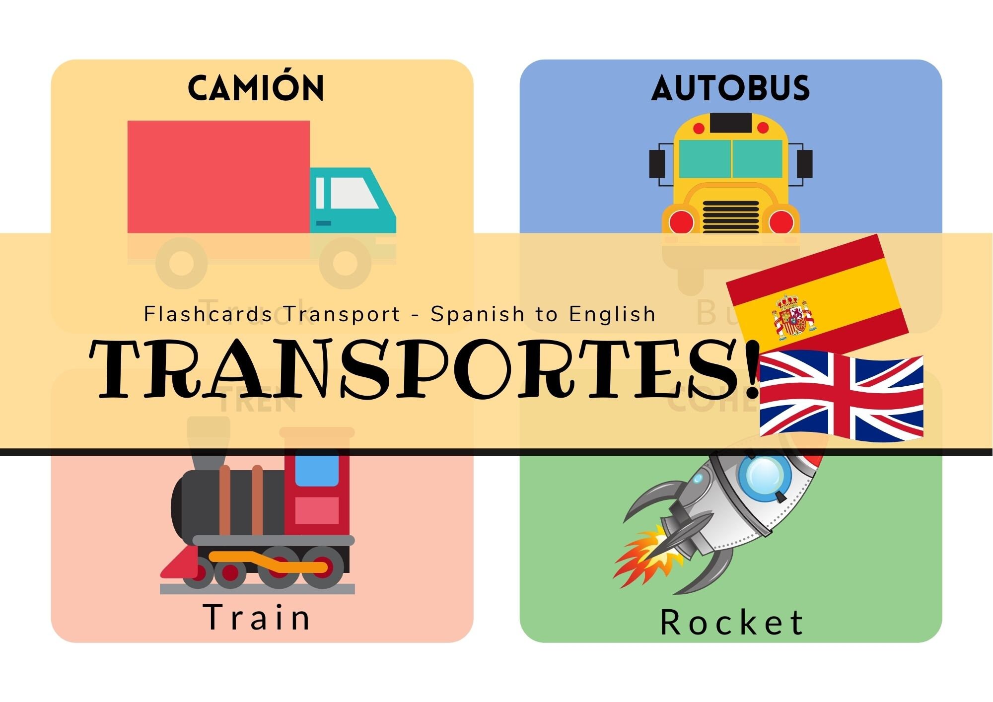 Transport Bilingual Digital Flashcards Spanish to English, Cute, for ...