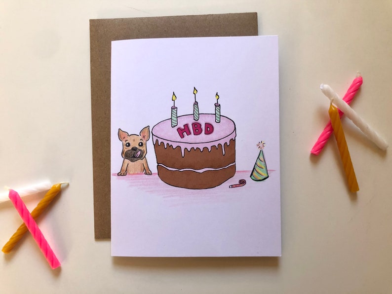 HBD Dog Hand-drawn Happy Birthday Cake Greeting Card With - Etsy