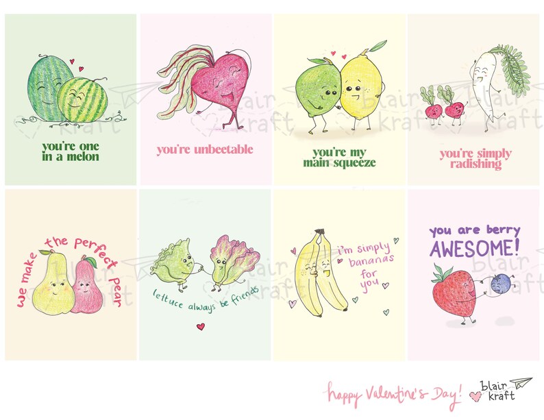 PRINTABLE Veggie Valentines Cute Hand Drawn Puns for Kids, Friends and ...