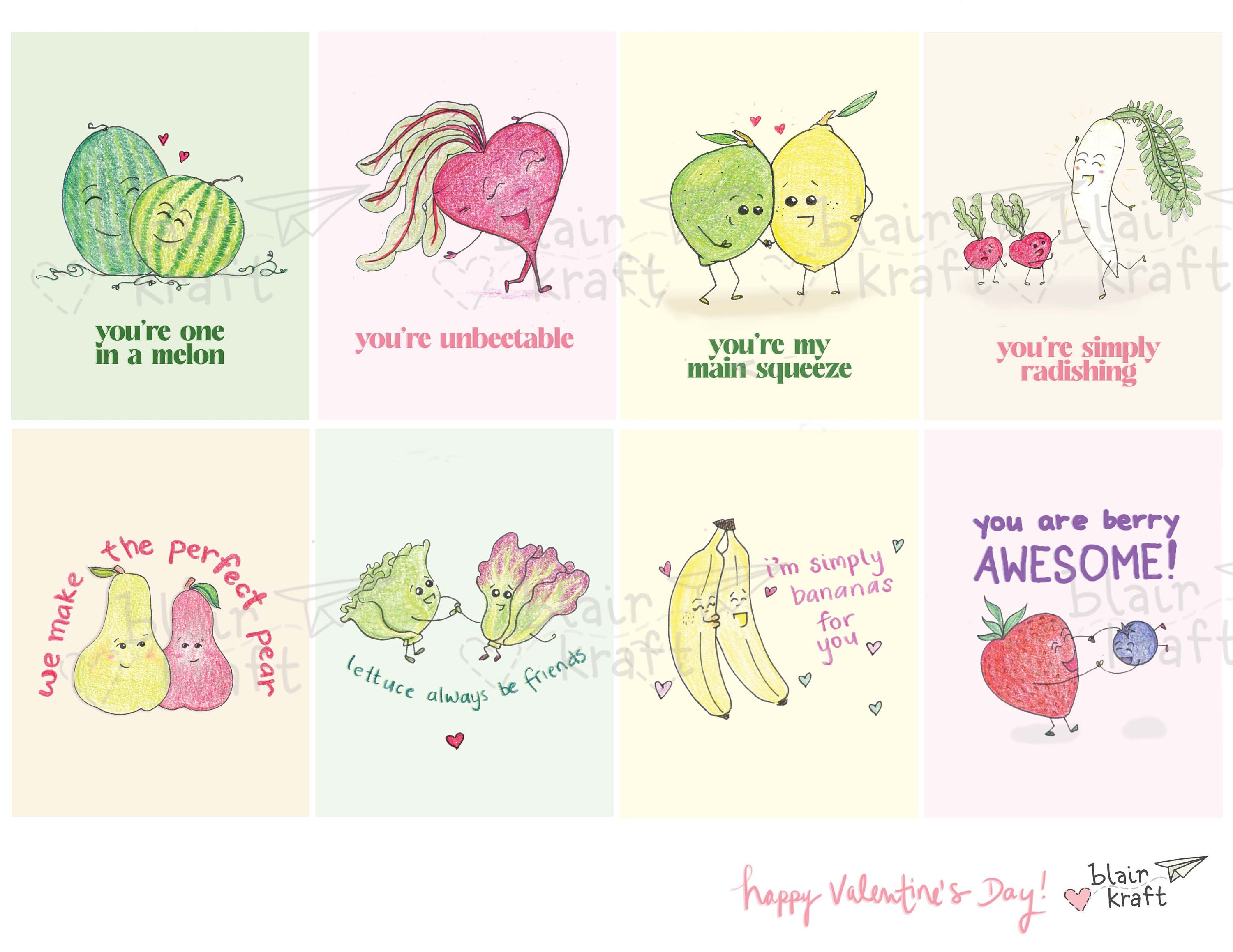 PRINTABLE Veggie Valentines Cute Hand Drawn Puns for Kids, Friends and ...