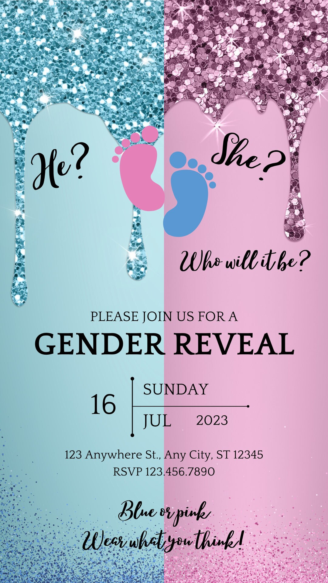 He? She? Who Will It Be | Gender Reveal Invitation Template | Pink Blue ...