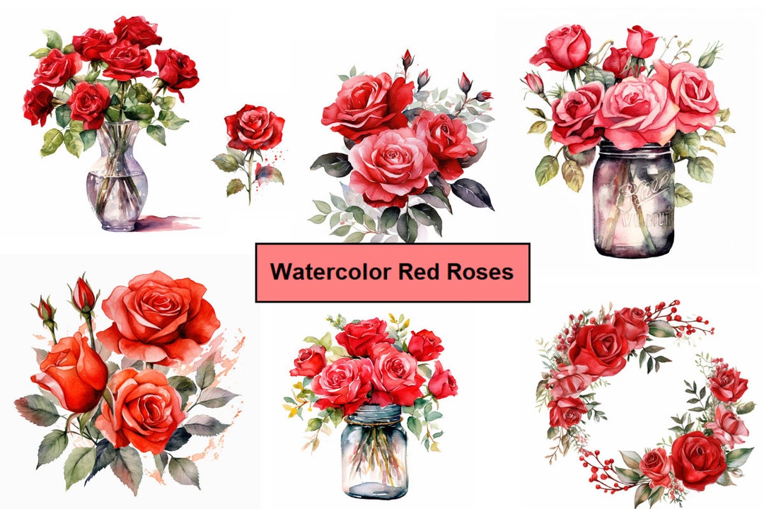 Watercolor Red Roses Clipart: PNG Floral Graphics (commercial Use) - Etsy