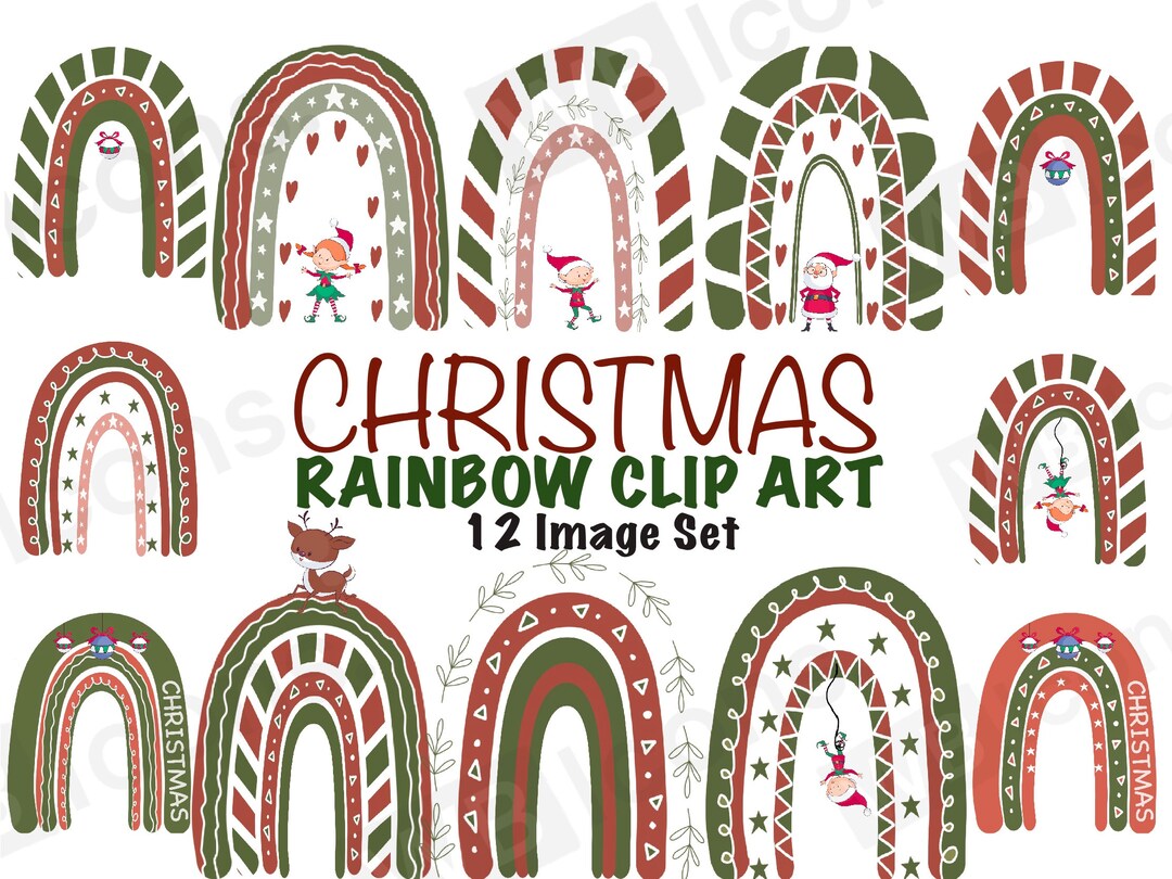 Christmas Rainbow Bundle, Clip Art Set, 12 Rainbows, Digital, Christmas ...