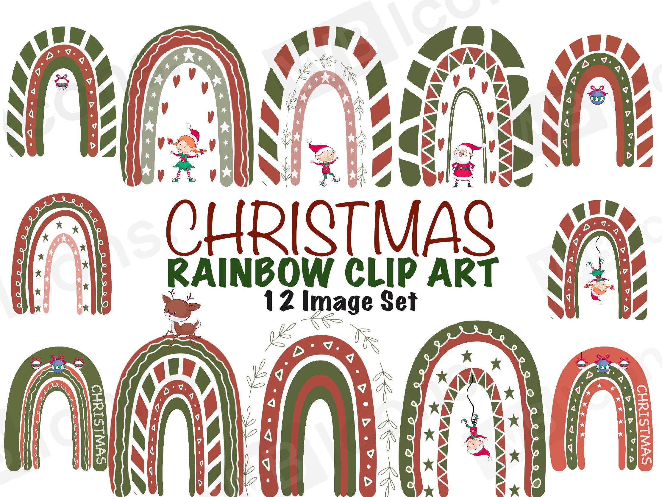 Christmas Rainbow Bundle, Clip Art Set, 12 Rainbows, Digital, Christmas ...