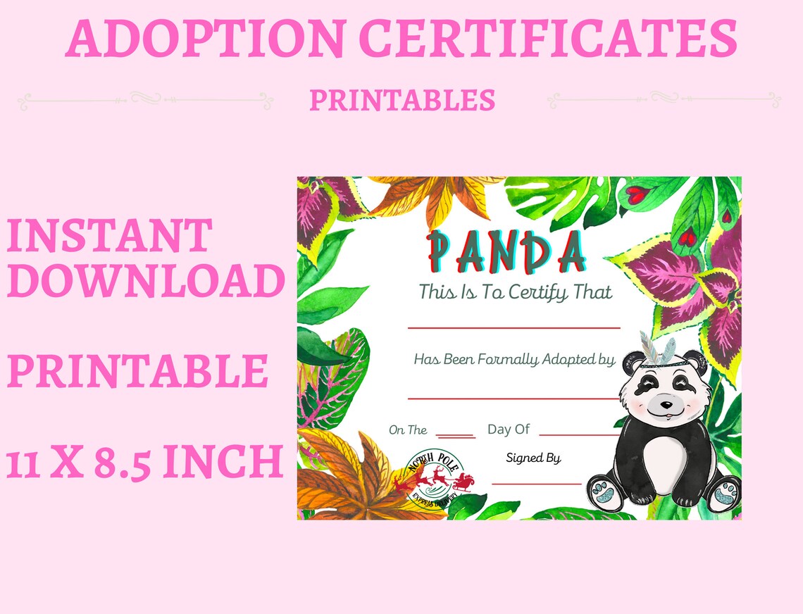 Panda Adoption Certificate, Adopt A Panda, Instant Download, Printable ...
