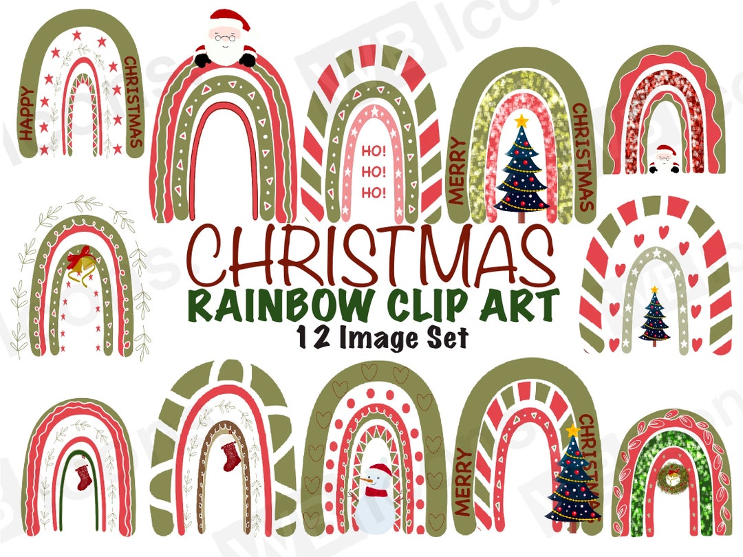 Christmas Rainbow Bundle, Clip Art Set, 12 Rainbows, Digital, Christmas ...