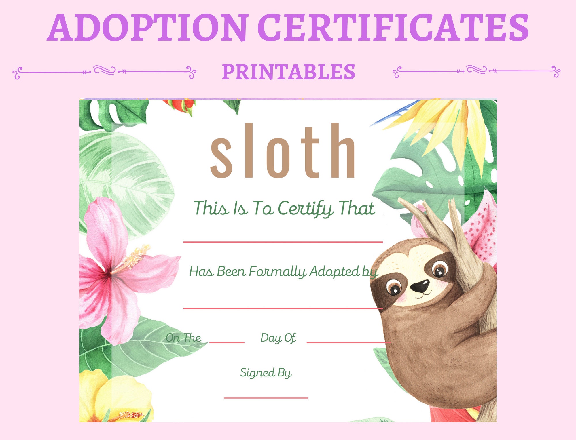 Sloth Adoption Certificate, Adopt A Sloth, Instant Download, Printable ...