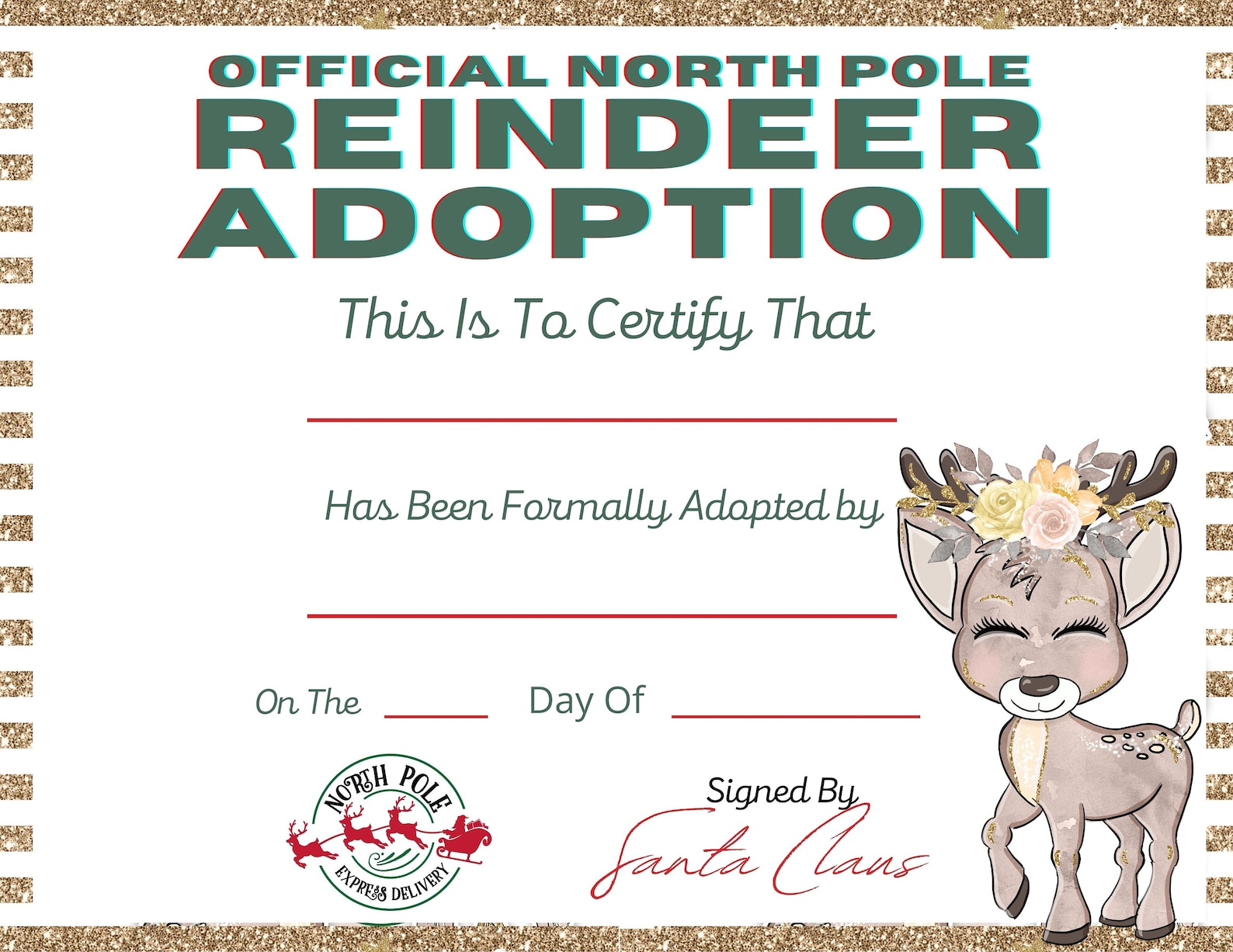 Reindeer Adoption Certificate, Adopt A Reindeer, Instant Download ...