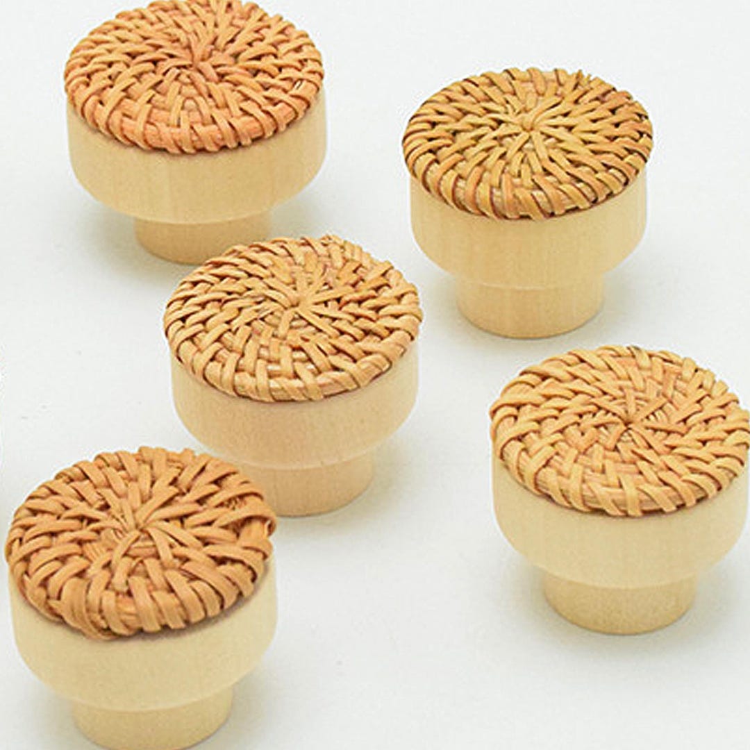 A Pair of Boho Rattan Cabinet Wooden Knobs Cupboard Decor Kitchen Knob ...