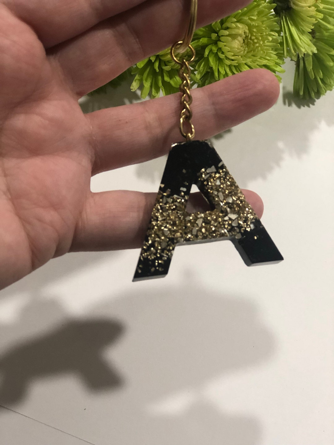 Glam Black, Silver/gold Fire Glass Initial Keychain | Resin Initial ...