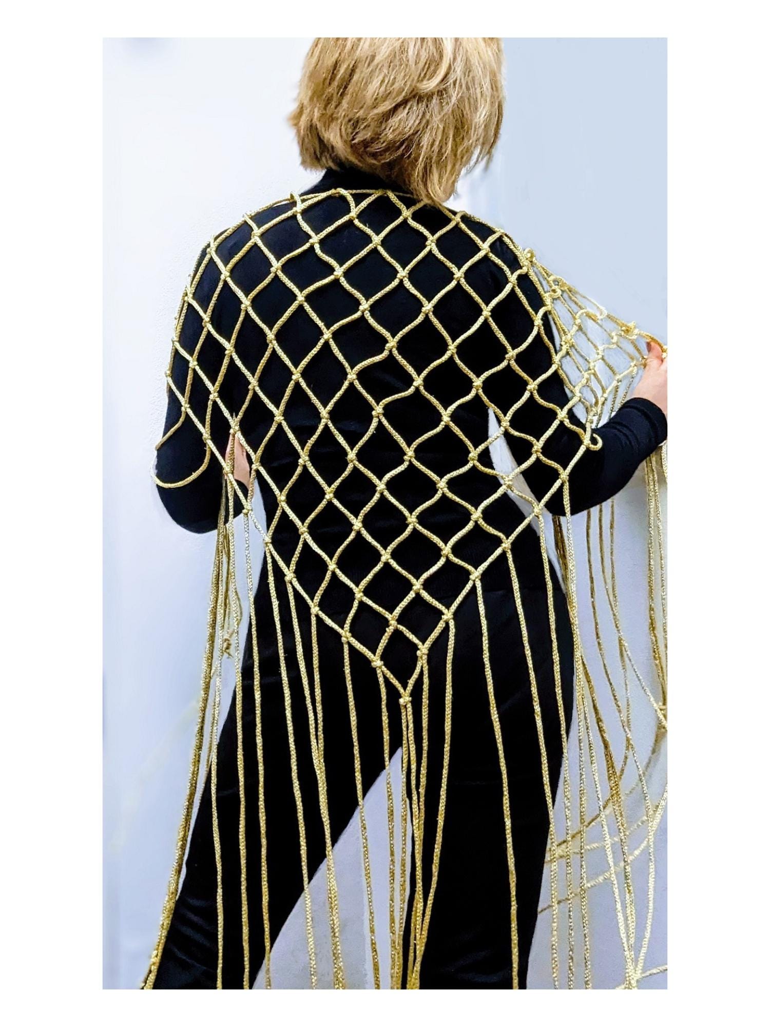 Gold Mesh Wrap up Cape With Fringe, Net Skirt Cover, Gold Fishnet Wrap ...