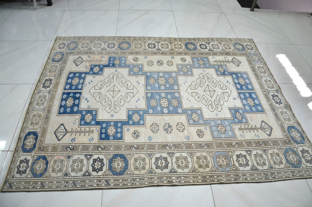 Traditional Turkish Rug Beige Blue Rug Handmade Rug - Etsy