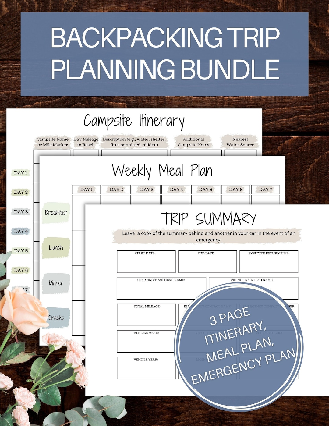 Backpacking Planning Bundle | Campsite Planner | Weekly Meal Planner ...