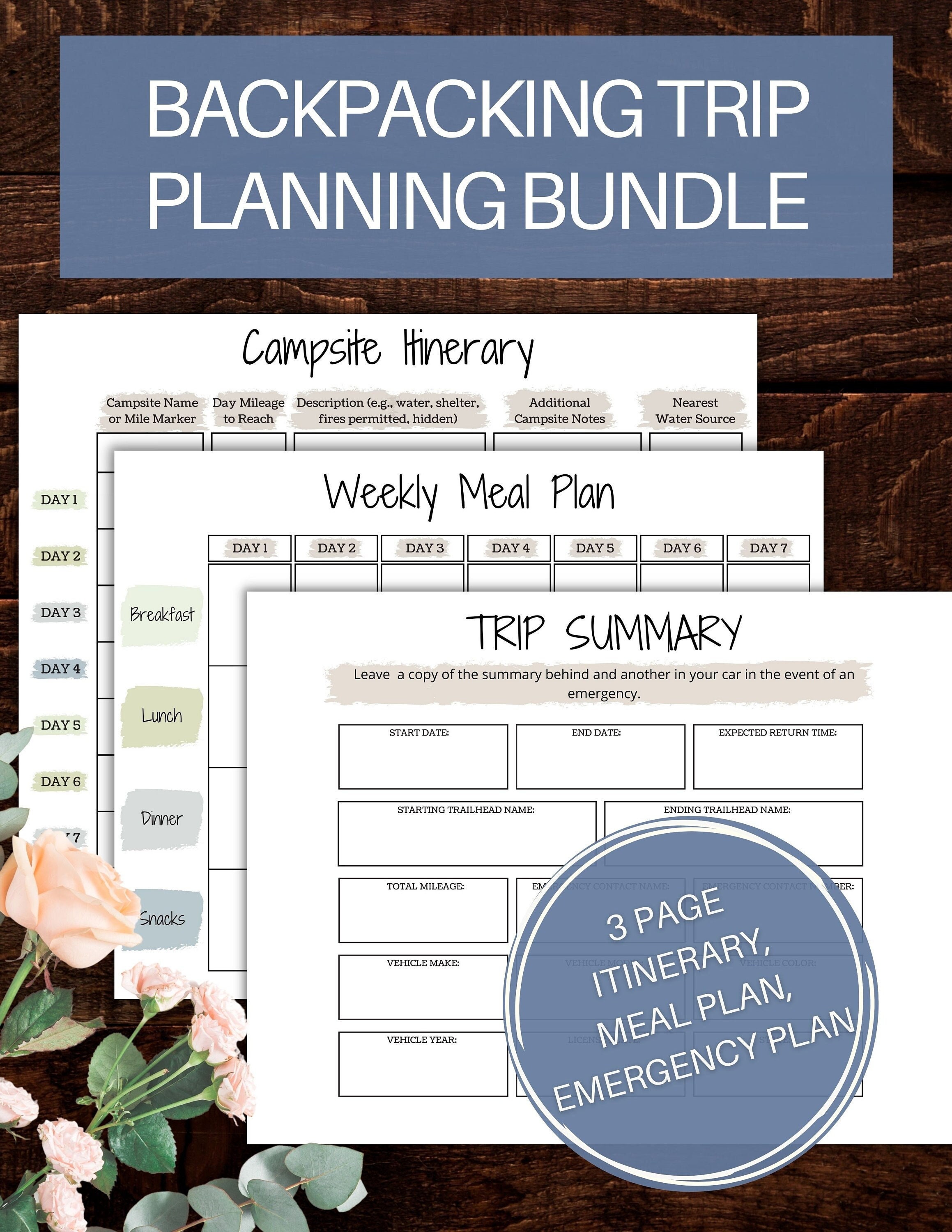 Backpacking Planning Bundle | Campsite Planner | Weekly Meal Planner ...