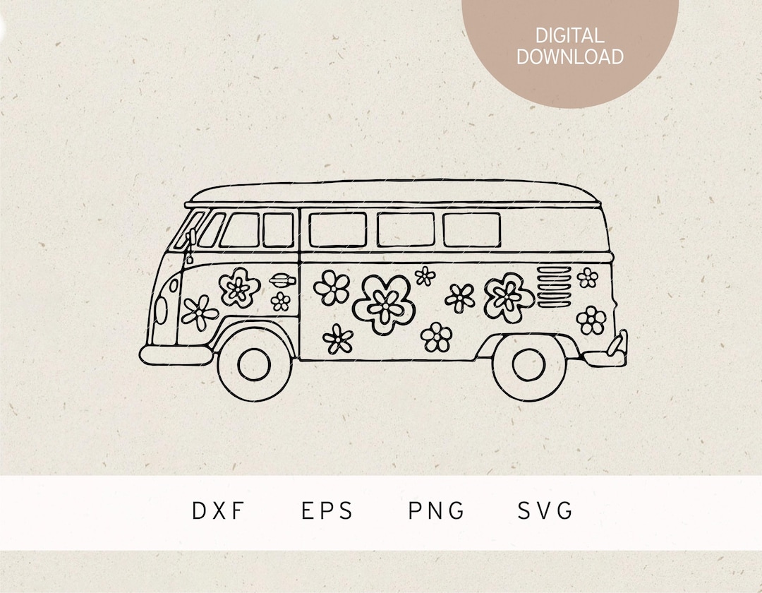 Plotterdatei Hippie Bulli SVG DXF PNG Eps Blumen Vw T1 Bus Van Flower Power Campervan Roadtrip ...
