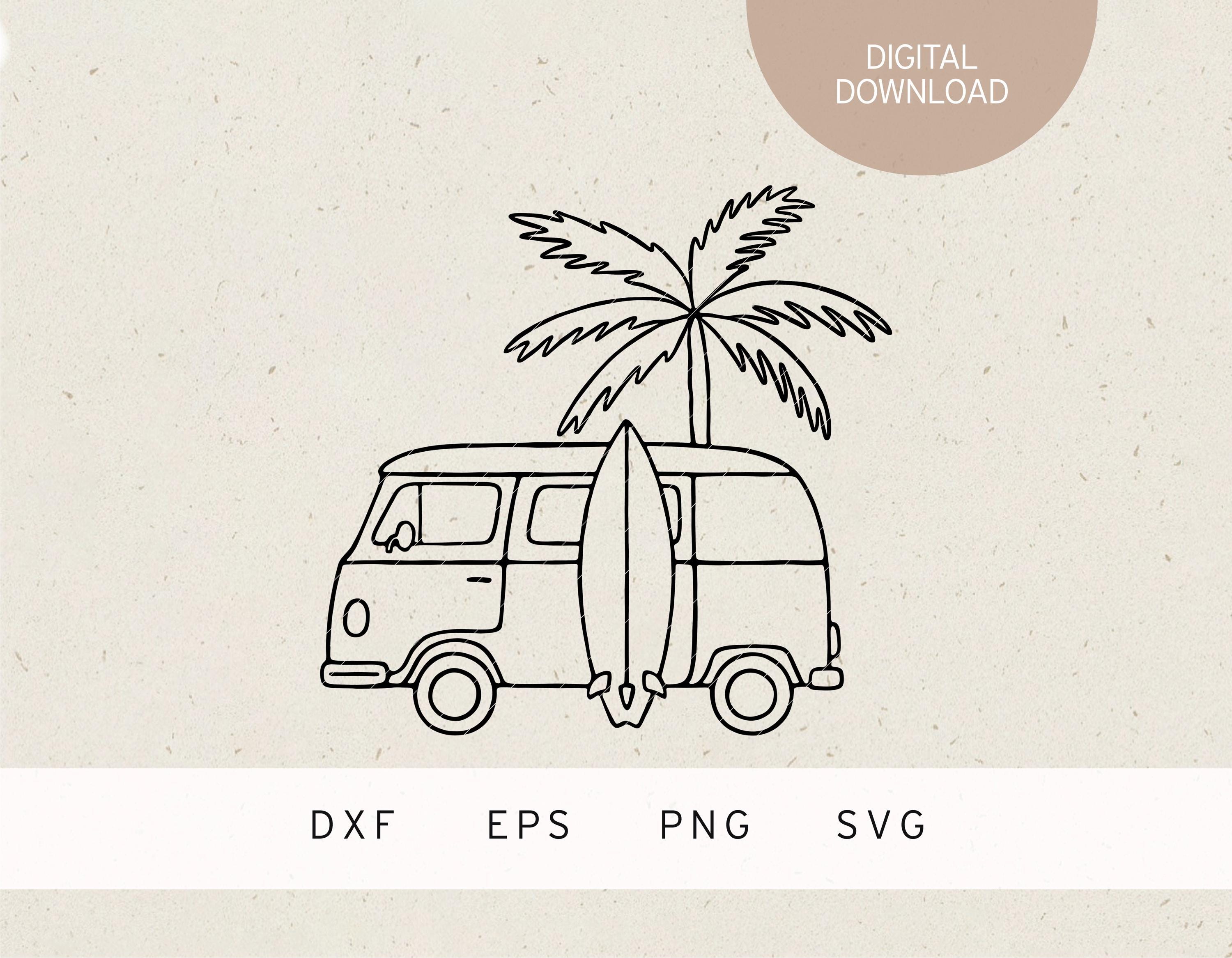Plotter File | Retro Van With Surfboard | Palm Tree | SVG | DXF | PNG ...