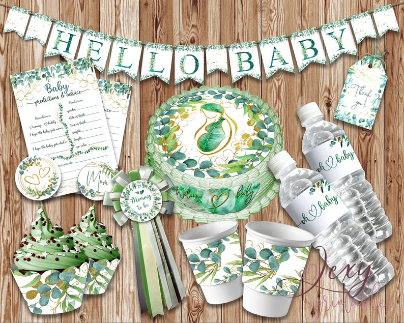Baby Shower Greenery Floral Green and Gold Eucalyptus Leaves Printable ...