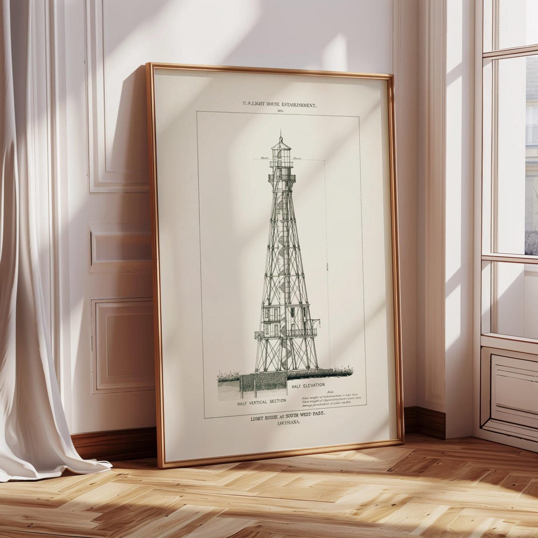 Vintage Louisiana Lighthouse Elevation Print: Nautical Architectural ...