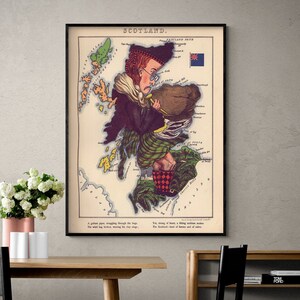 Anthropomorphic Map of Scotland, Caricature Map of Scotland Poster ...