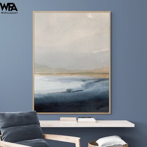 Navy Blue Landscape Painting Print, Framed Beach Wall Art, Landscape ...