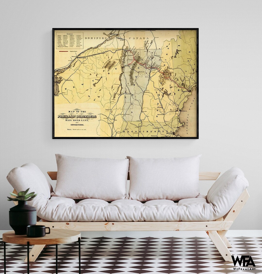 Portland and Ogdensburg Railroad Map Art Print, Vintage Rail Road 1850 ...