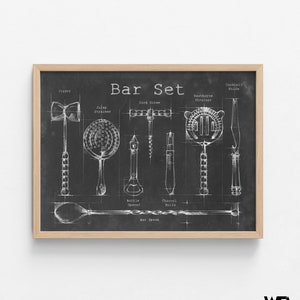 Bar Set Drawing Print, Framed Bar Decor, Minimal Cocktail Art, Cocktail ...