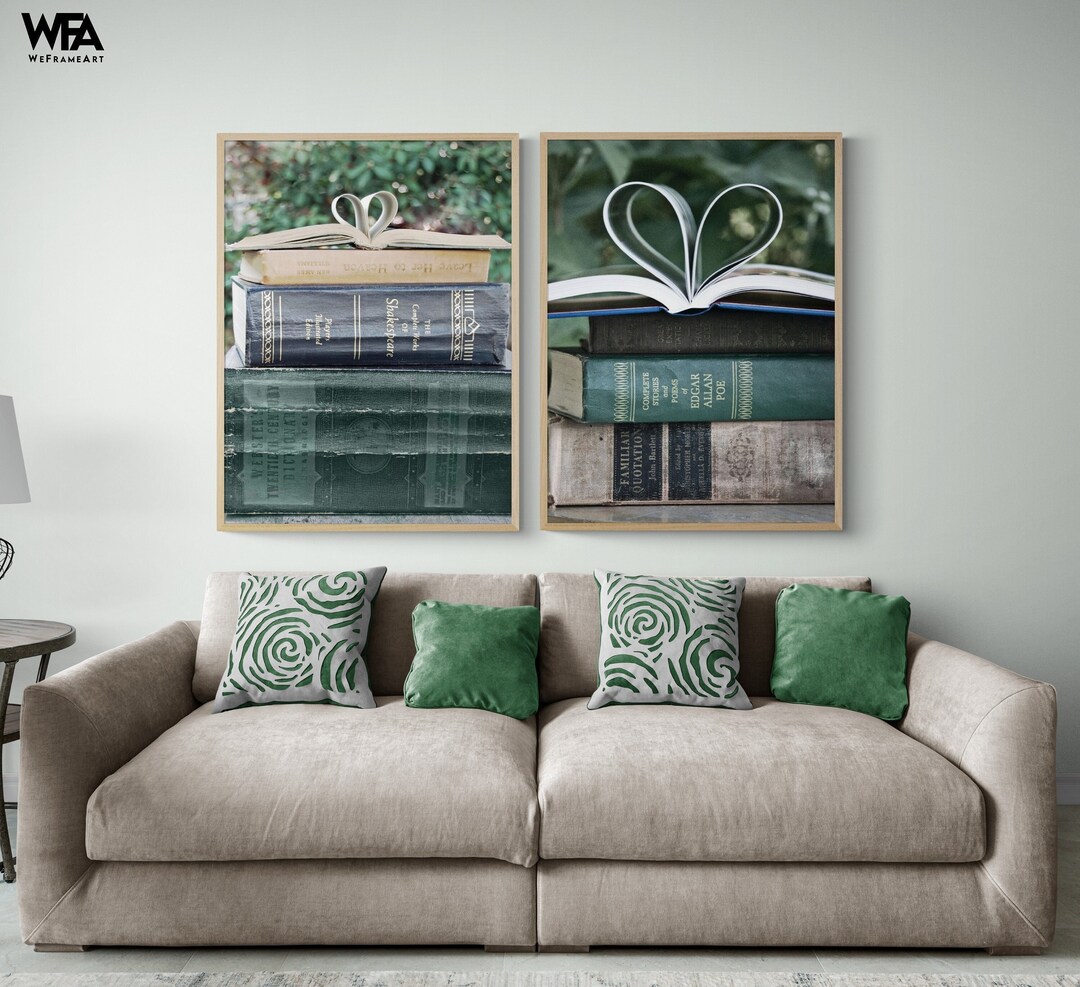 Set of 2 Framed Books Photography Prints, Green Books Wall Art, Book ...