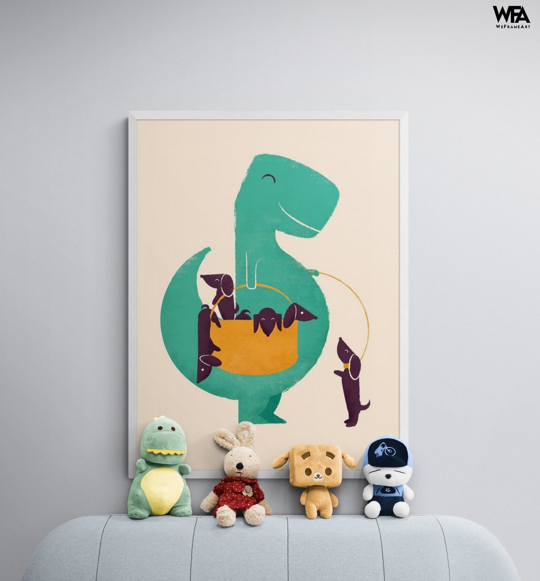 Dinosaur and Wiener Dog Poster Print, Framed Animal Wall Art for ...