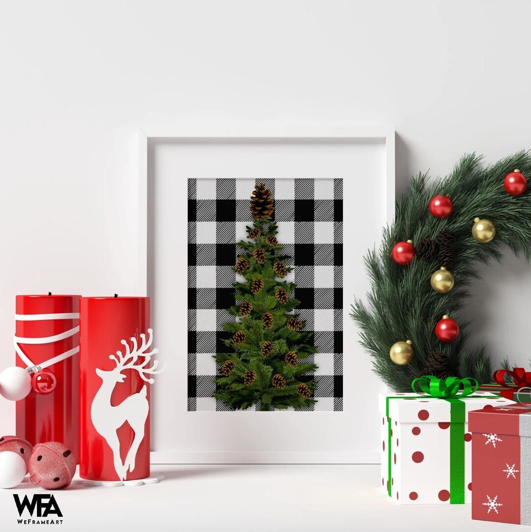 Christmas Tree Print Black White Buffalo Plaid Rustic Farmhouse Wall ...