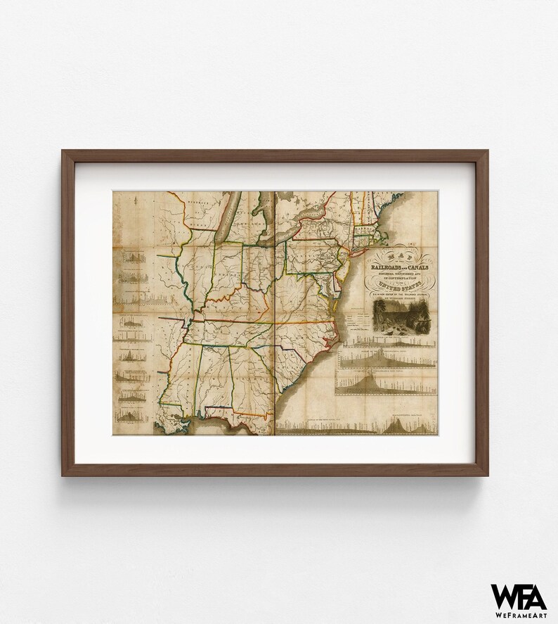 Antique US Railroad & Canal Map Art Print, 1834 - Etsy