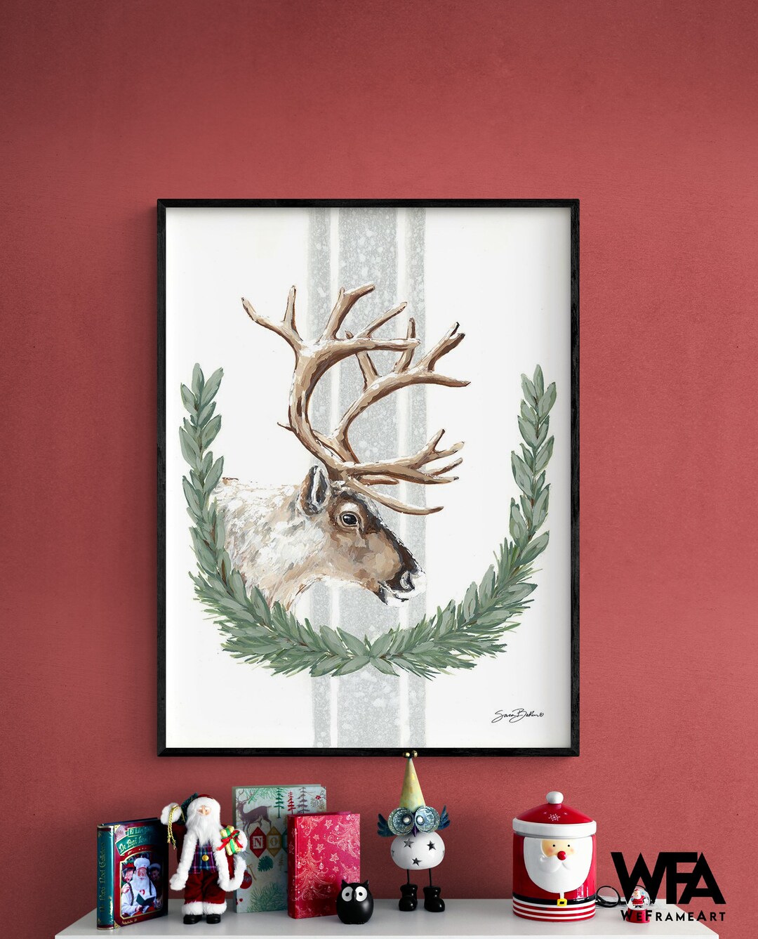 Santa Reindeer Poster Print, Rustic Reindeer Antlers Illustration Decor ...